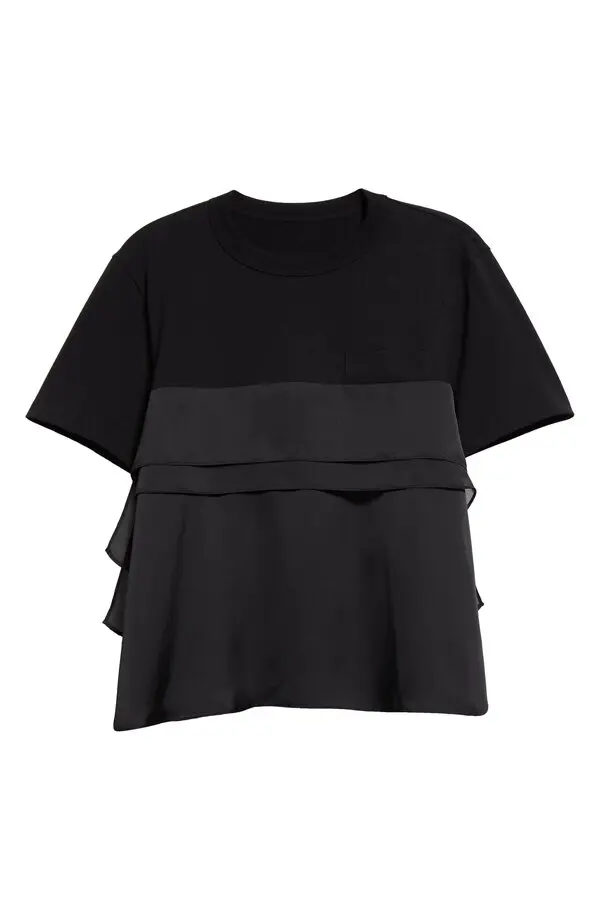 Sacai Tiered Mixed Media Satin & Cotton Jersey T-Shirt - Black