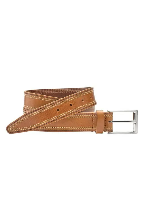 Johnston & Murphy Triple Contrast Stitch Leather Belt - Tan