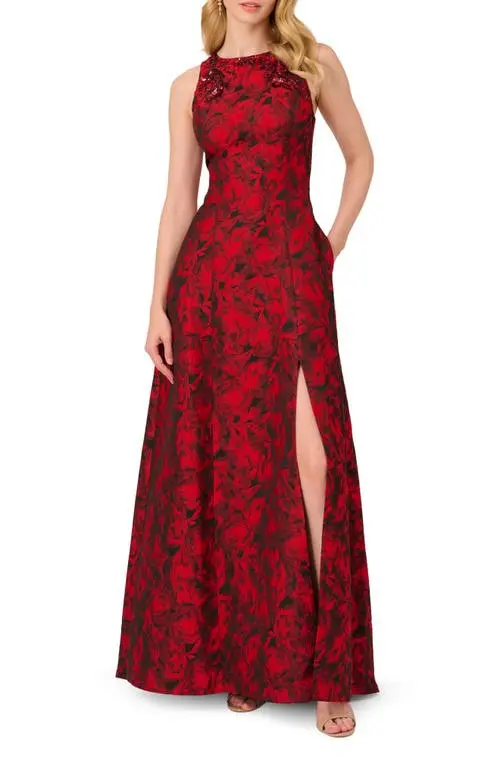 Adrianna Papell Beaded Jacquard Ballgown - Black/red