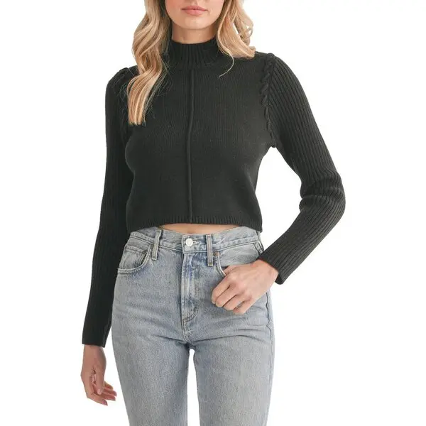 ALL IN FAVOR Mock Neck Cropped Sweater - Black