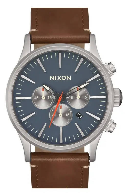 Nixon Sentry Chronograph Leather Strap Watch - Lt Gunmetal/basalt/sienna