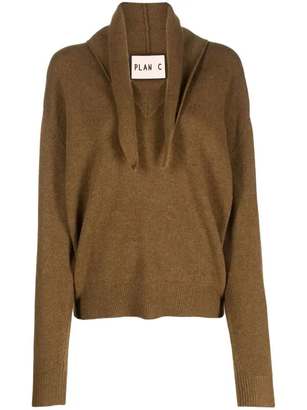 Plan C Attached-scarf Ribbed-knit Jumper - Brown