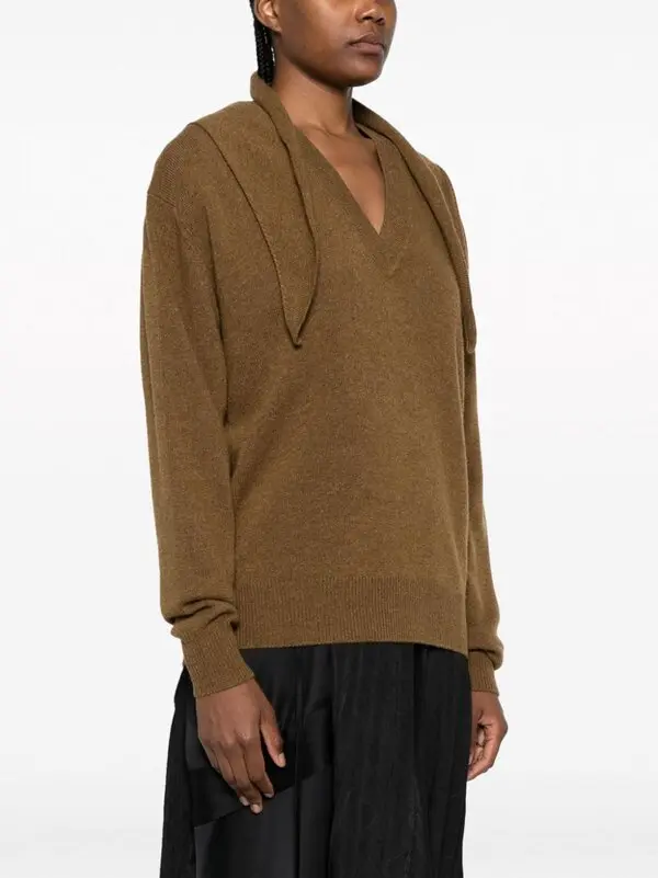 Plan C Attached-scarf Ribbed-knit Jumper - Brown