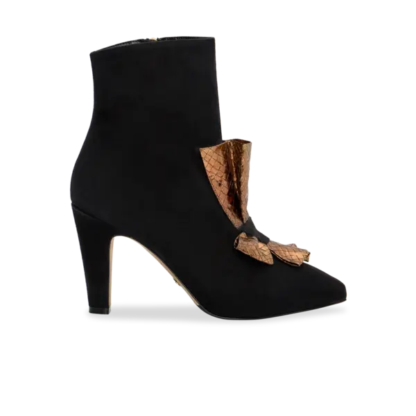 Sarah Flint Abigail Bow Bootie - Black Suede & Gold Snake