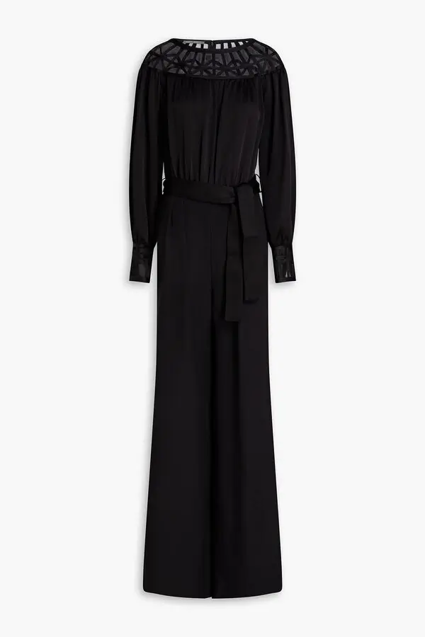 Alberta Ferretti Organza-trimmed Satin-crepe Wide-leg Jumpsuit - Black