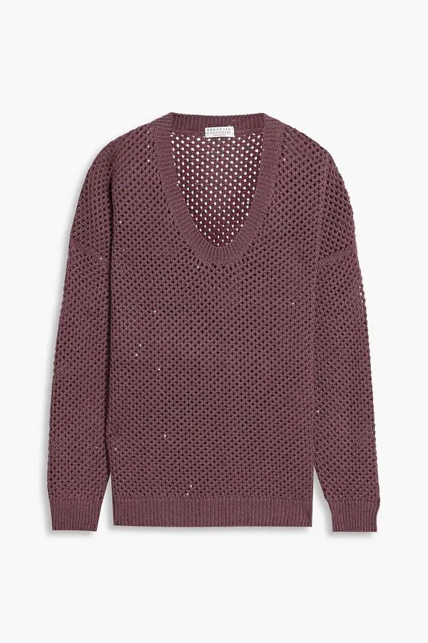 Brunello Cucinelli Sequinembellished Openknit Cashmere And Silkblend Sweater - Grape