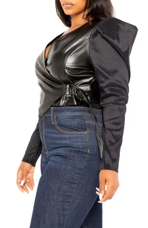 BUXOM COUTURE Exaggerated Shoulder Faux Leather Wrap Top