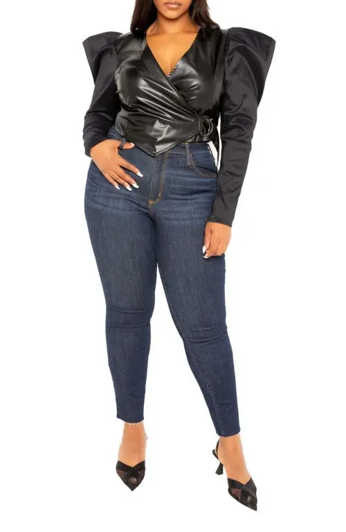 BUXOM COUTURE Exaggerated Shoulder Faux Leather Wrap Top