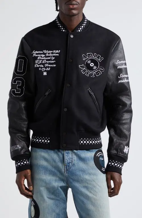 Amiri X Premier Records Leather Sleeve Varsity Jacket - Black