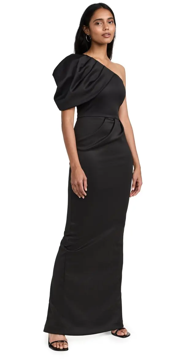 Black Halo Egan Gown One Shoulder Puff Sleeve Maxi Dress