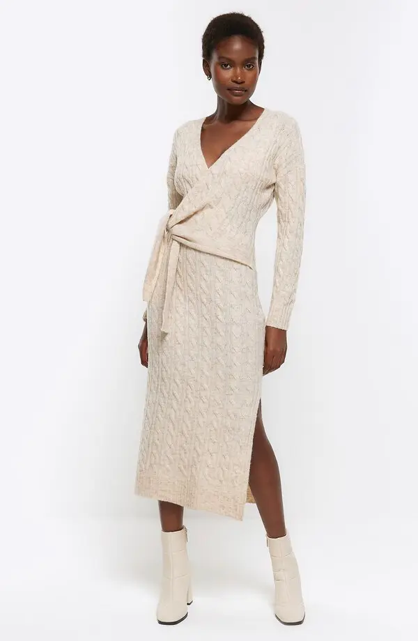 beige long sleeve wrap dress Beige Ribbed Long Sleeve V-Neck Wrap Maternity Midi Dress main image 0