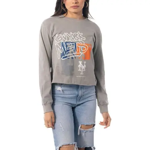 THE WILD COLLECTIVE New York Mets Cropped Long Sleeve T-shirt