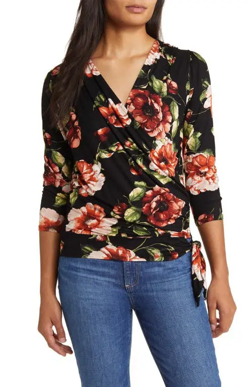 Loveappella Faux Tie Wrap Top - Black/rust