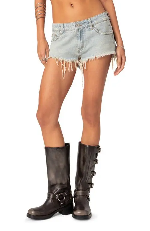 EDIKTED Frayed Cutoff Denim Shorts - Blue-washed