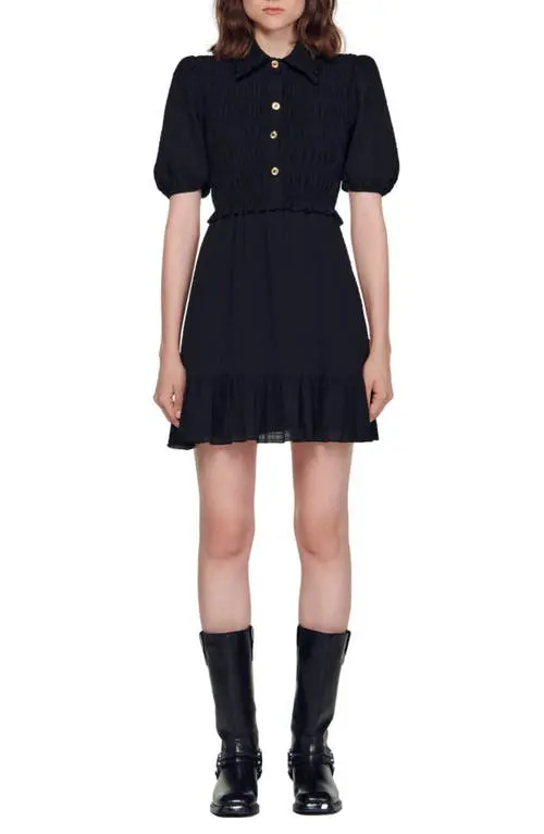Sandro Smocked Puff Sleeve Mini Dress
