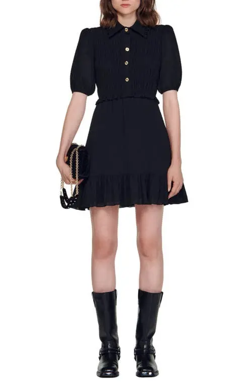 Sandro Smocked Puff Sleeve Mini Dress