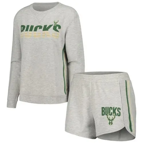 CONCEPTS SPORT Milwaukee Bucks Cedar Long Sleeve T-shirt & Shorts Sleep Set - Gray