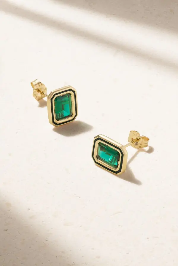 Alison Lou Madison 14-karat Gold, Laboratory-grown Emerald And Enamel Earrings - Green