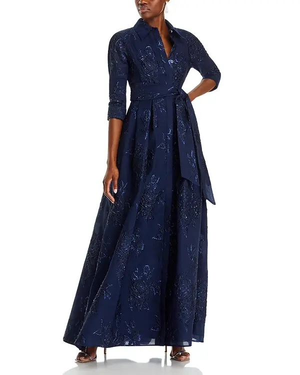 Rickie Freeman For Teri Jon Metallic Jacquard Shirt Dress Gown - Navy