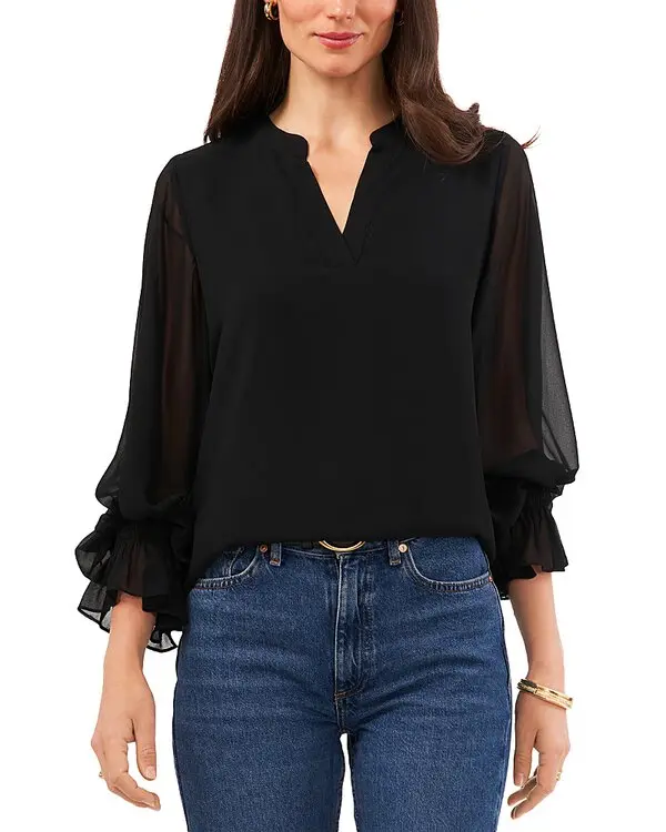 Vince Camuto V Neck Sheer Sleeve Top - Rich Black