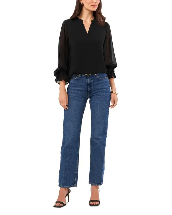Vince Camuto V Neck Sheer Sleeve Top - Rich Black
