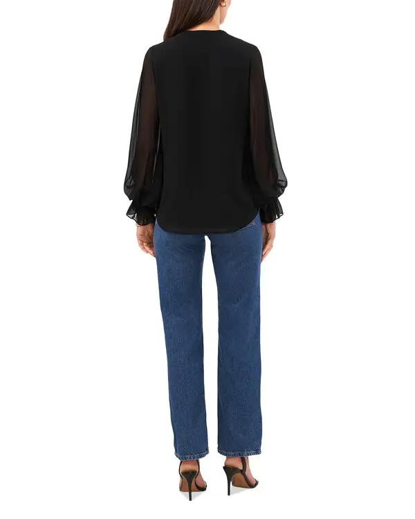Vince Camuto V Neck Sheer Sleeve Top - Rich Black