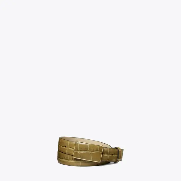 Tory Burch Plate Croc-embossed Belt - Coconut Shell/gold