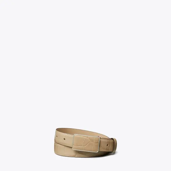 Tory Burch Plate Croc-embossed Belt - Ginger Leaf/silver