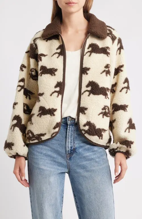 The Great. Horse Print Fleece Jacket - Cream W/hickory