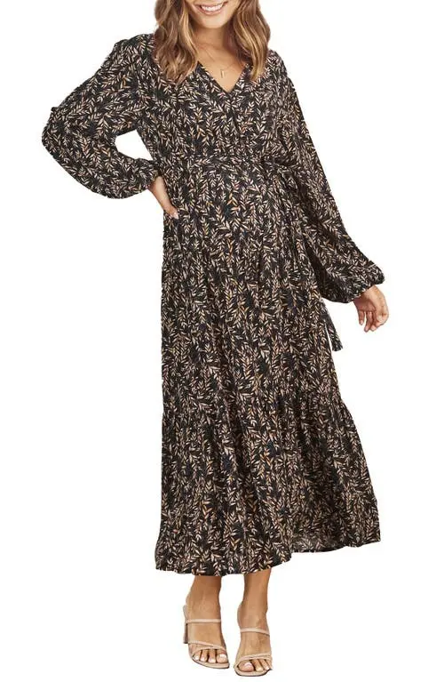 Angel Maternity Lauren V-Neck Puff Sleeve Maternity Midi Dress - Navy |  Editorialist