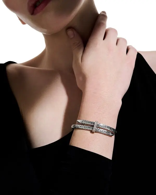 John Hardy Sterling Spear Flex Cuff With Diamonds - Silver