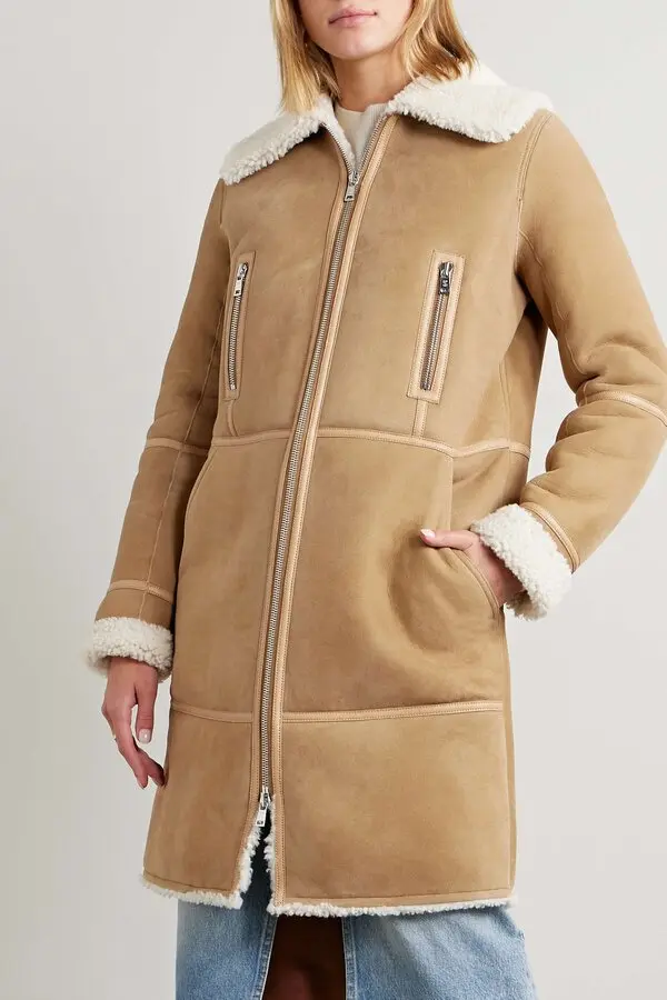 YVES SALOMON Leather-trimmed Shearling Coat - Beige