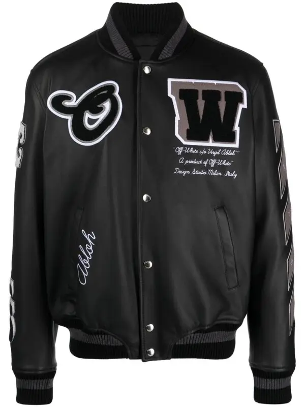 Off-White Logo-embroidered Leather Varsity Jacket - Black