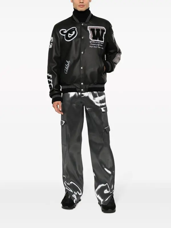Off-White Logo-embroidered Leather Varsity Jacket - Black