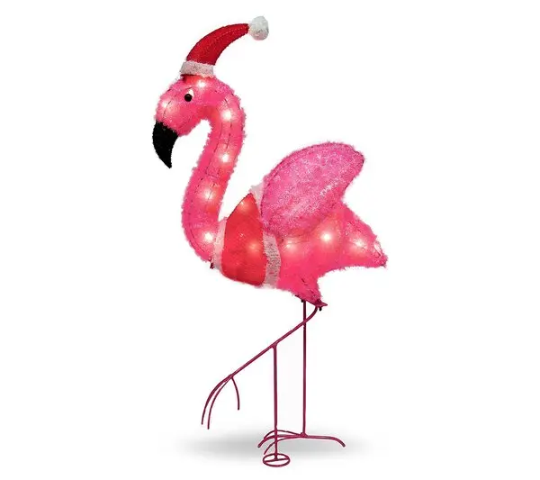 JOIEDOMI 3ft Led Yard Lights Tinsel Flamingo W/ Christmas Hat - One-color