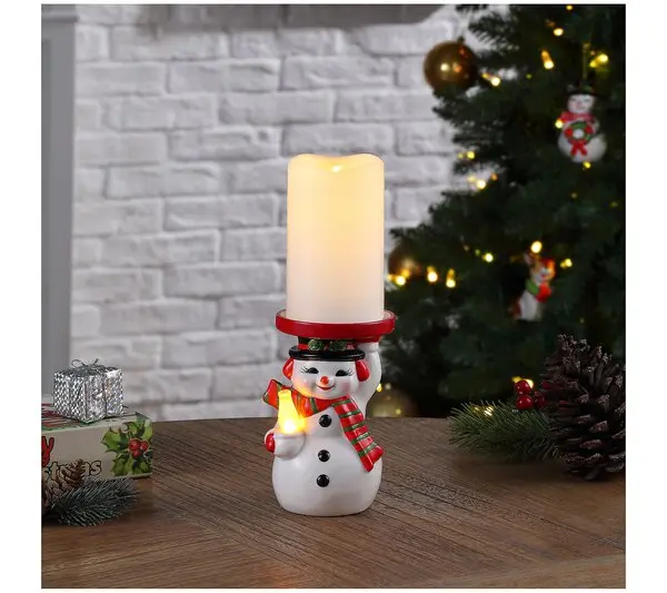 MR. CHRISTMAS Lit Snowman Candle Holder & Flame Less Candle