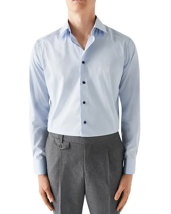 Eton Contemporary Fit Twill Shirt With Contrast Buttons - Blue