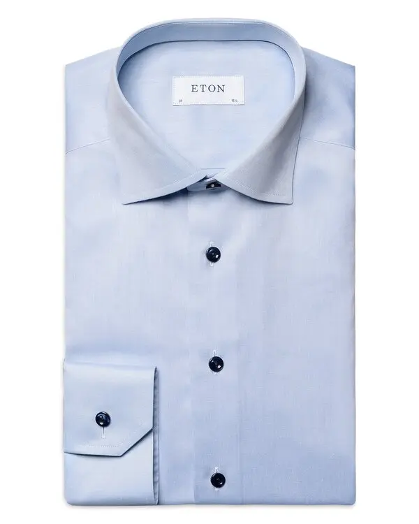 Eton Contemporary Fit Twill Shirt With Contrast Buttons - Blue