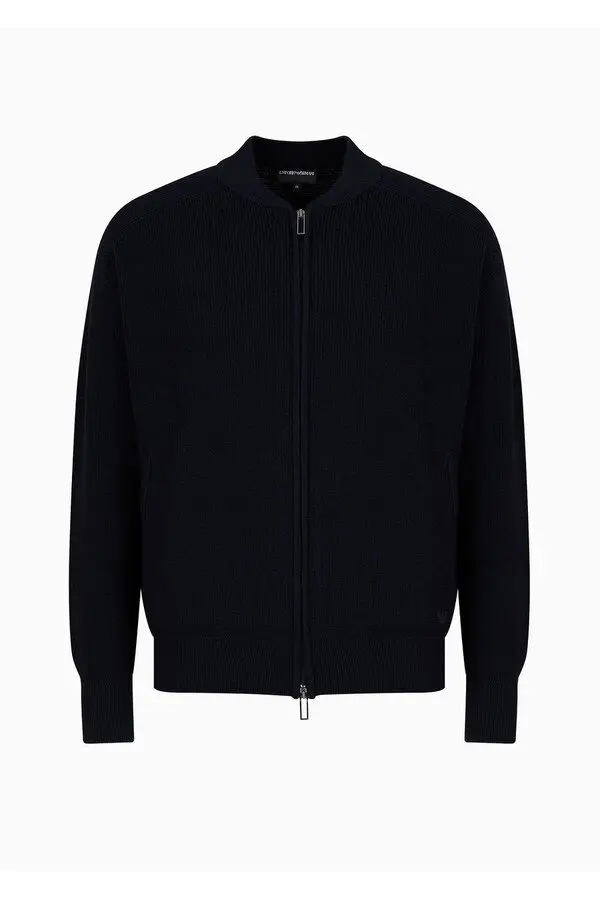 Armani Mens Black Knitted Cardigan Plain-Knit Full-Zip Cardigan By