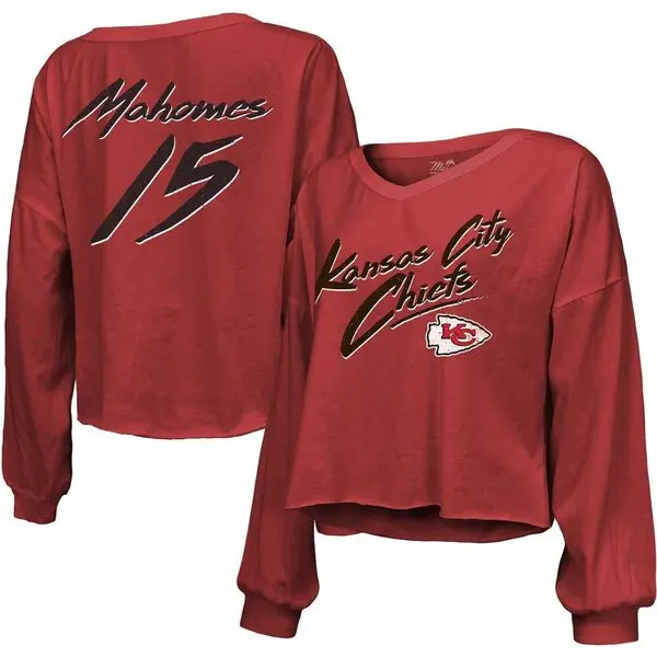 MAJESTIC THREADS Patrick Mahomes Kansas City Chiefs Name & Number Off-shoulder Script Cropped Long Sleeve V-neck T-shirt - Red