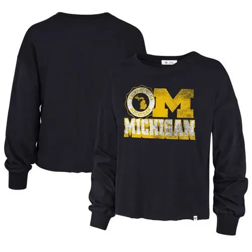 '47 Michigan Wolverines Bottom Line Parkway Long Sleeve High Waist T-shirt - Navy