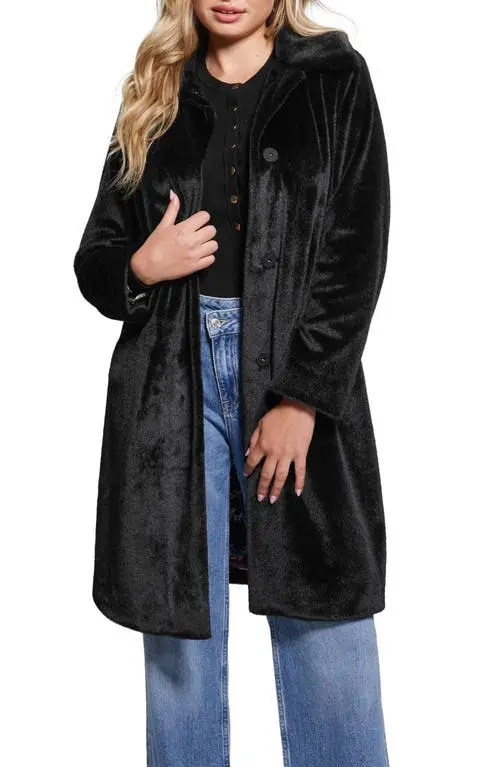 Guess Simonne Longline Faux Fur Coat - Black