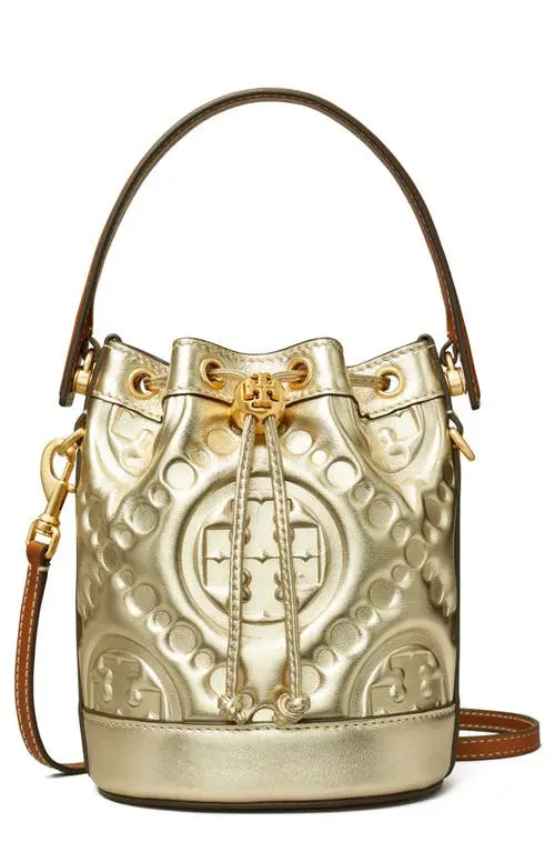 Tory Burch T-monogram Embossed Puffy Metallic Leather Bucket Bag - White Gold