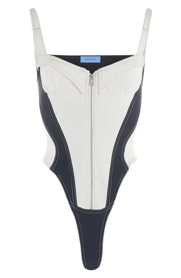 MUGLER Stretch Denim & Jersey Corset Bodysuit