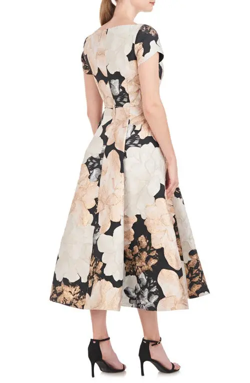 KAY UNGER Hollis Metallic Floral Cocktail Midi Dress