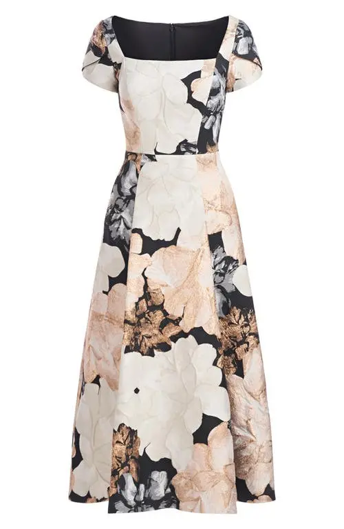 KAY UNGER Hollis Metallic Floral Cocktail Midi Dress