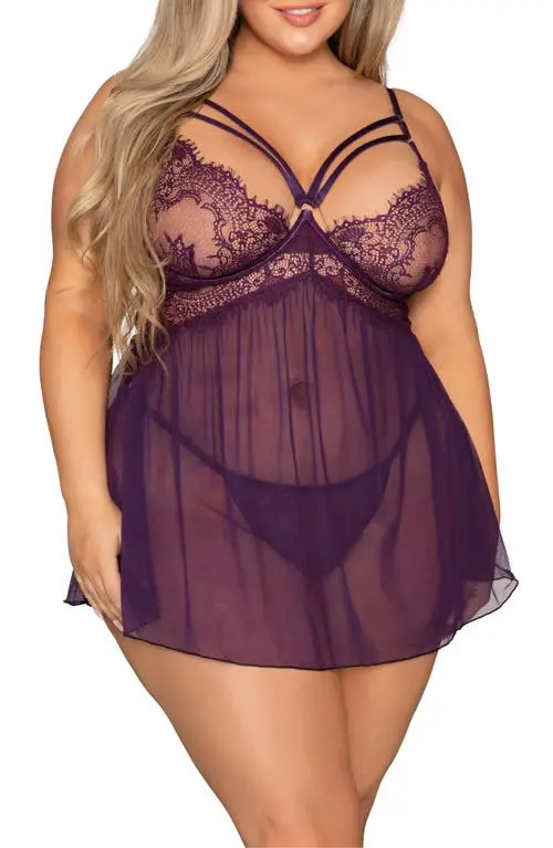 DREAMGIRL Eyelash Lace Underwire Babydoll Chemise & Thong Set - Plum