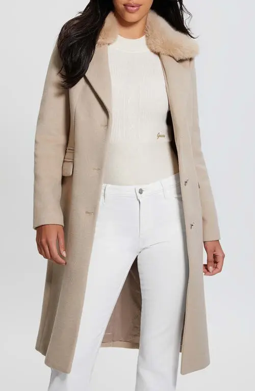 Guess Laurence Wool-blend Coat With Detachable Faux Fur Collar