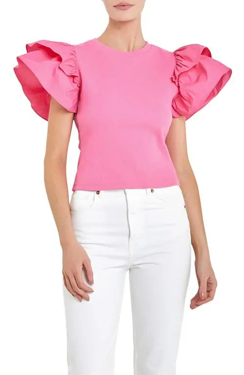 English Factory Mix Media Ruffle Sleeve Top