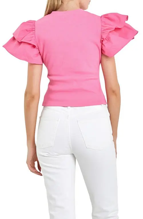 English Factory Mix Media Ruffle Sleeve Top